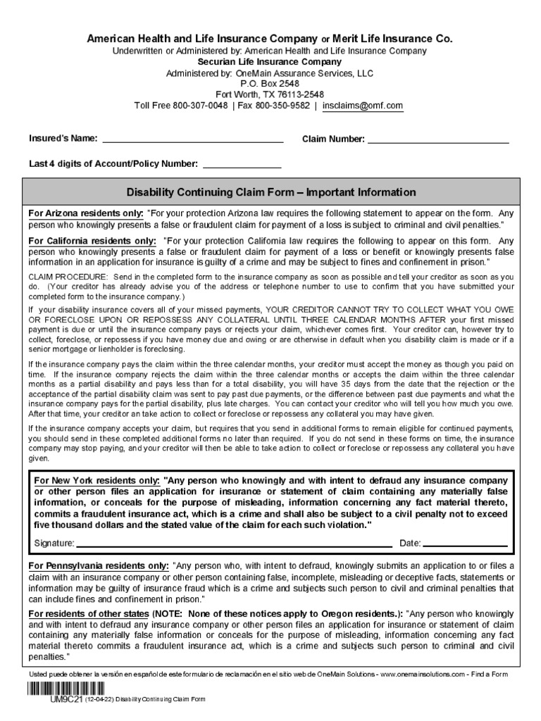 Continuing Disability Claim Form English 10-19-22 | PDF | Foreclosure ...