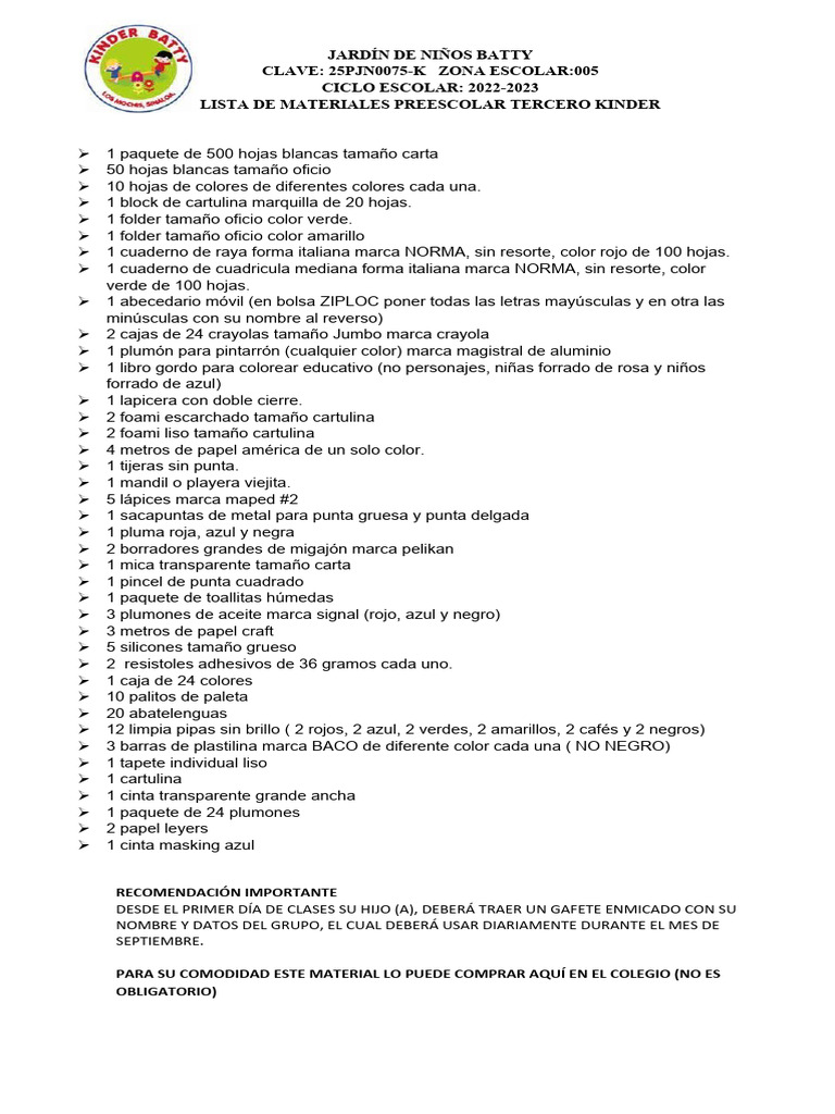 Lista de Materiale 3ro Kinder 2023-2024 | PDF