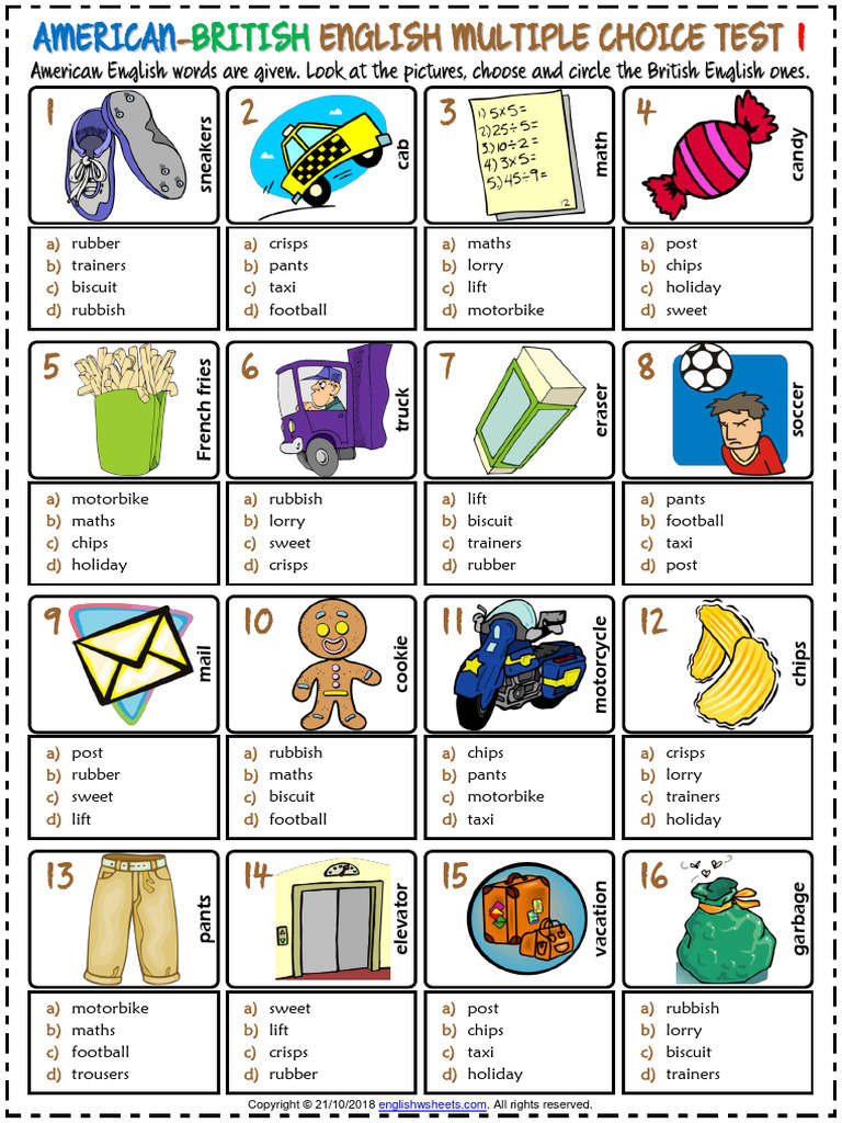 American British English Vocabulary Esl Multiple Choice Tests For Kids ...