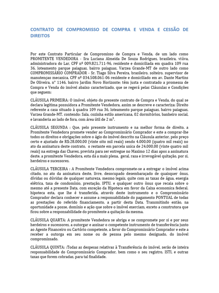 Contrato De Compromisso De Compra E Venda E Cessao De Direito Pdf