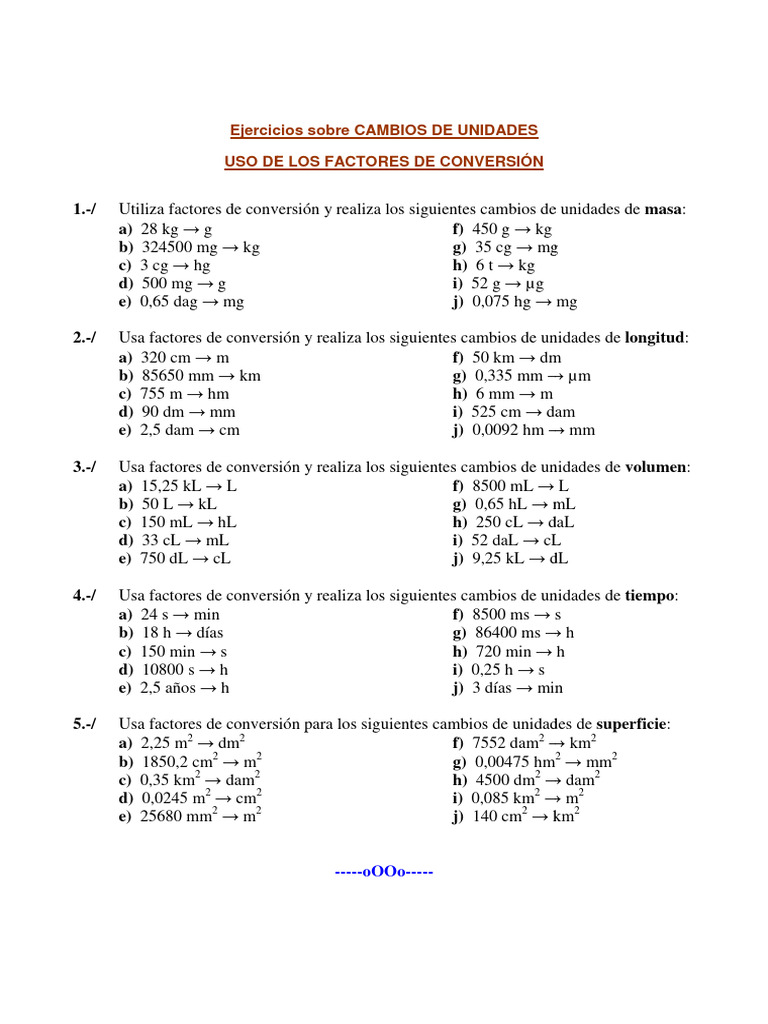 Ejercicios Factores Conversion-Hoja 1 | PDF | Unidades de medida | Metrología