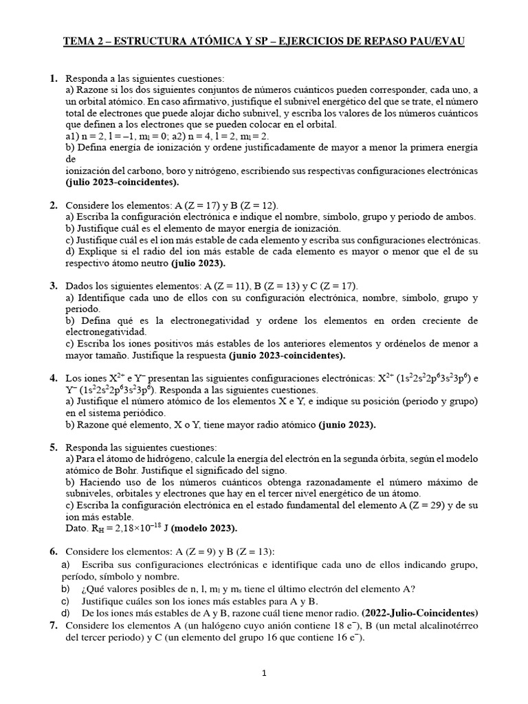 2º Bachillerato - Tema 2 - Ejercicios Pau - Evau Sobre Estructura ...