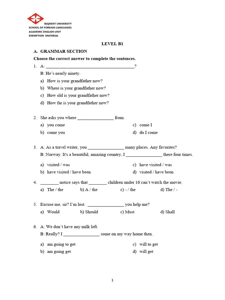 INGL 301-302 (3. Sınıf) B1 Exemption Material | PDF
