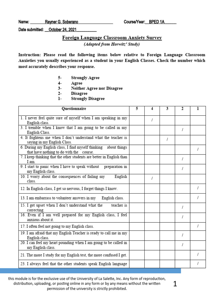 Foreign Language Classroom Anxiety Survey | PDF | English Language ...