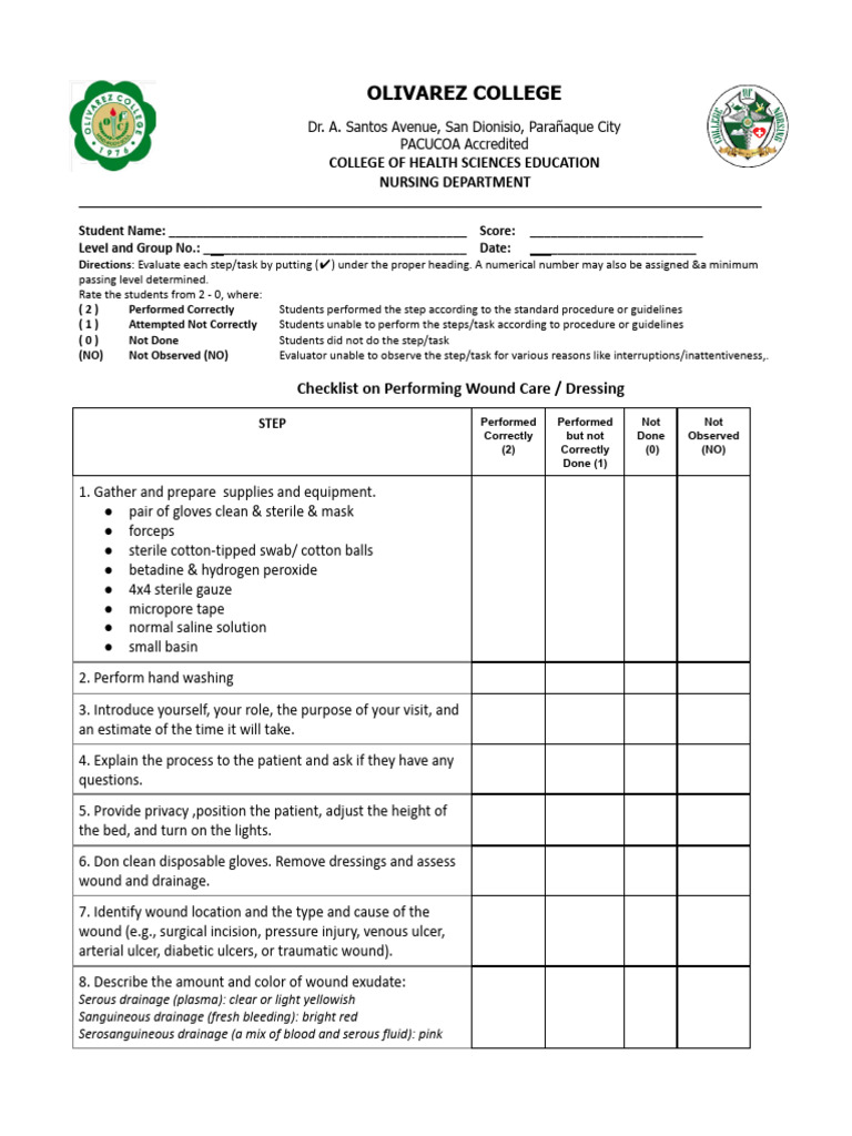Checklist On Performing Wound Care and Change of Dressing | PDF