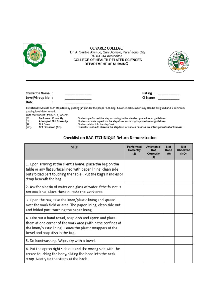 Checklist On BAG TECHNIQUE Return Demontration | PDF