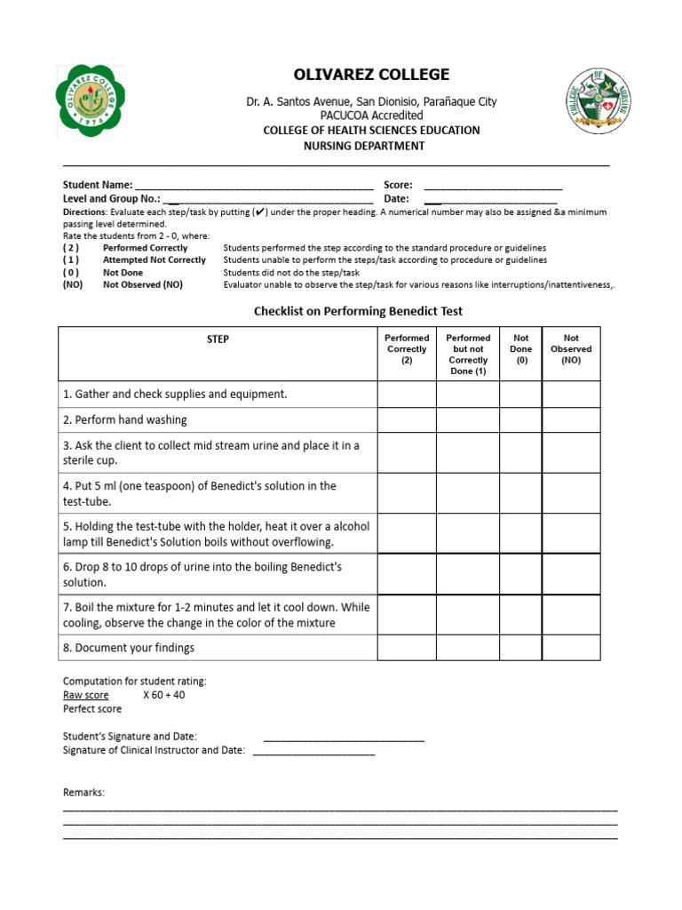 Benedict Test Evaluation Checklist | PDF