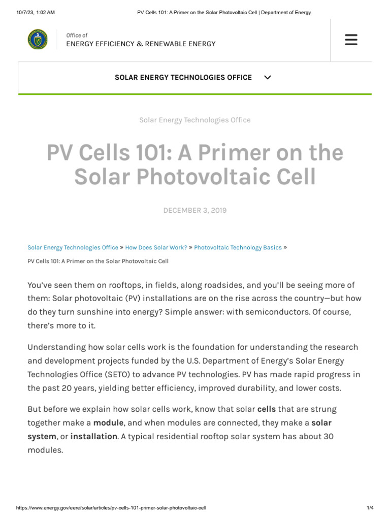 PV Cells 101 - A Primer On The Solar Photovoltaic Cell - Department of Energy | PDF