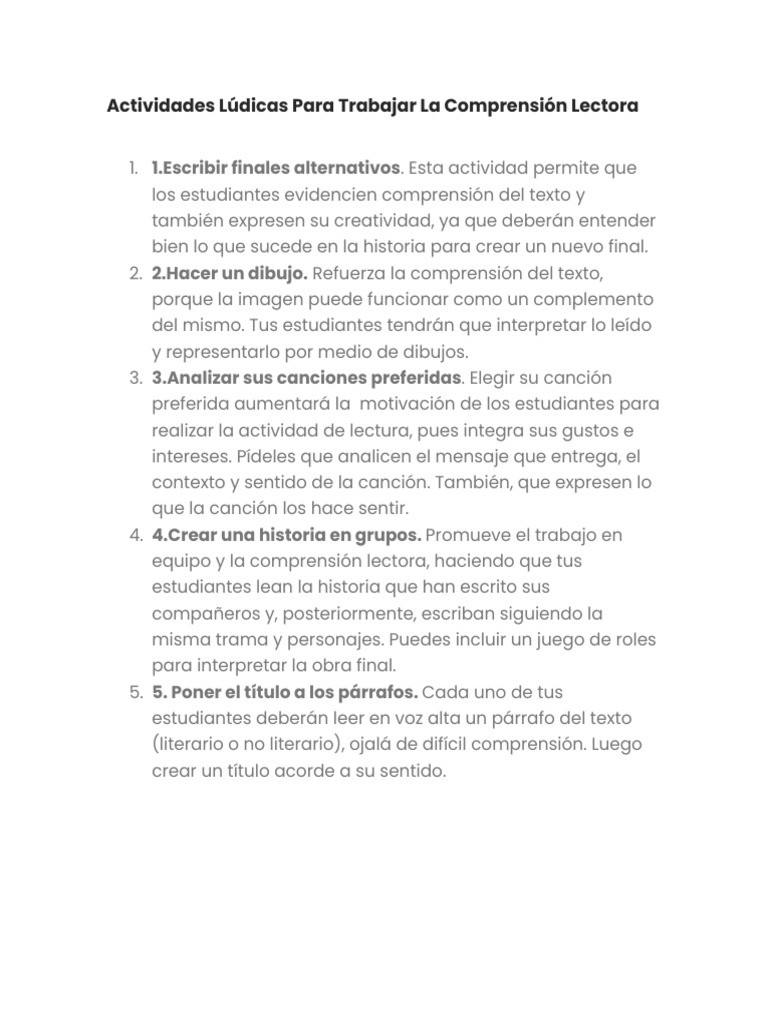 Actividades Lúdicas para Trabajar La Comprensión Lectora - Docx - Documentos de Google | PDF