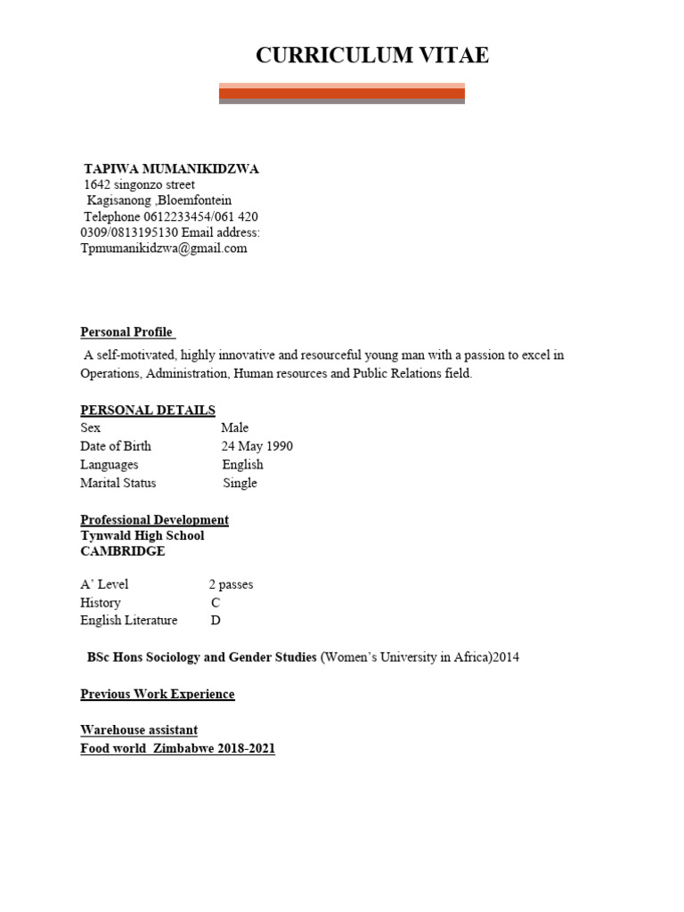 Curriculum Vitae of Tapiwa Mumanikidzwa | PDF