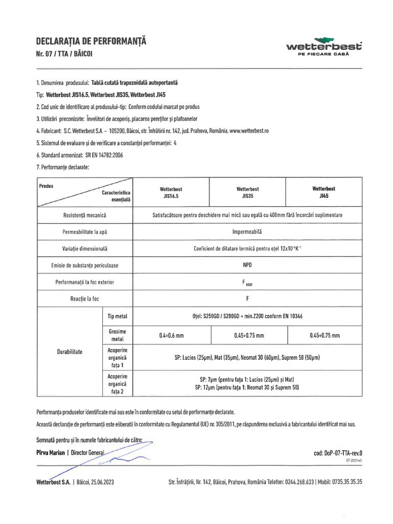 Wetterbest Declaratie Performanta NR 07 Tta Ro 07 2023 v0 3 | PDF