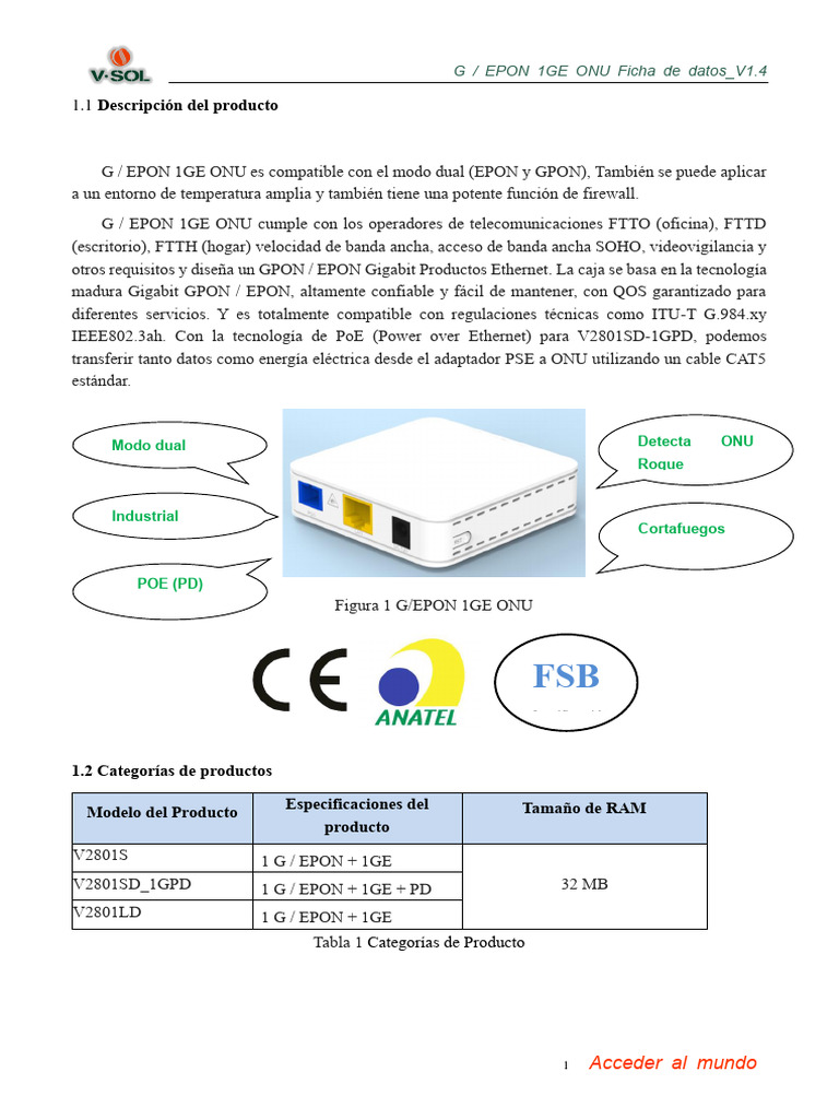 V2801SG xPON ONU SPEC SHEET-V1.0.en - Es (ES) | PDF