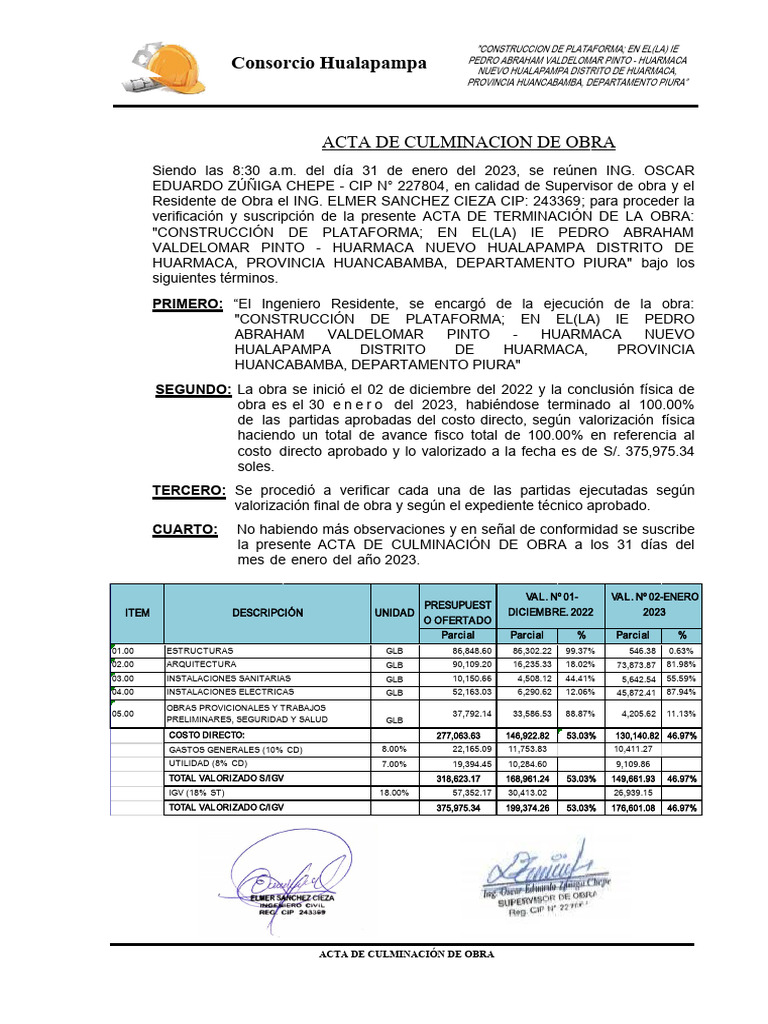 Acta de Culminacion de Obra | PDF