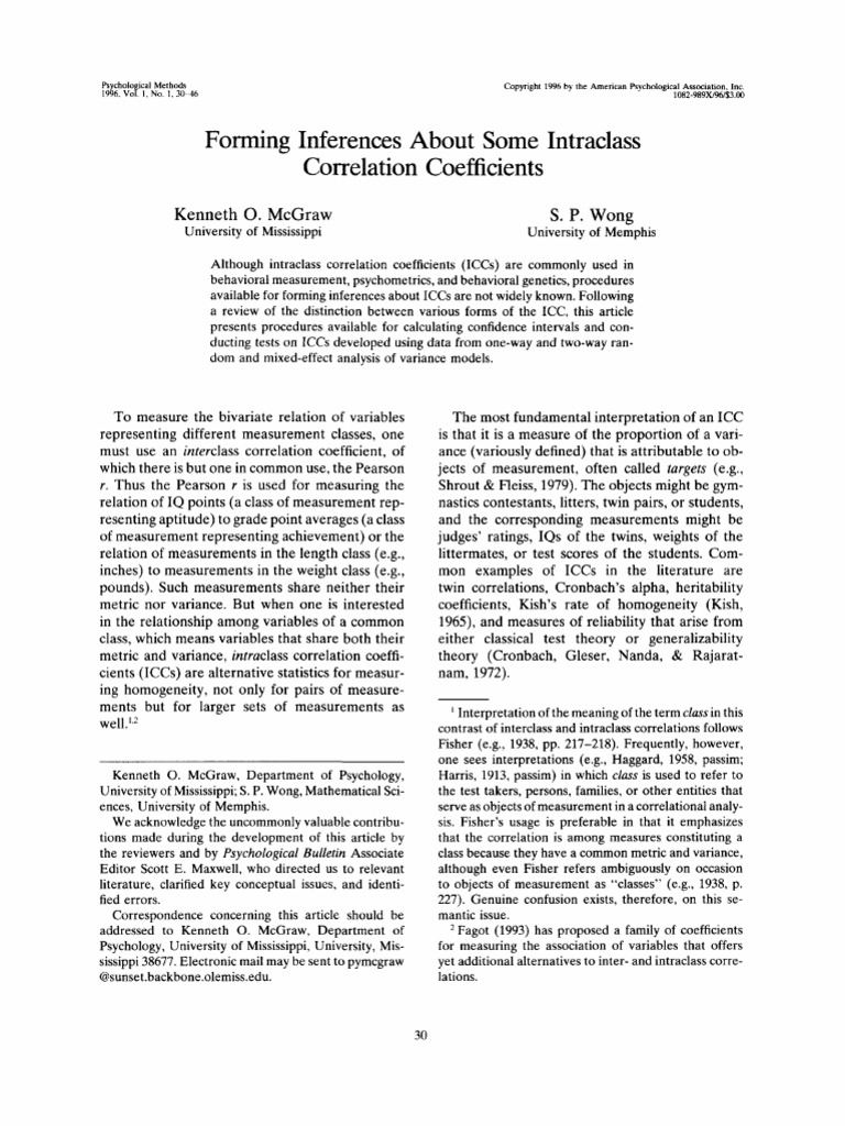 Forming Inferences About Some Intraclass Correlation Coefficients | PDF Forming Inferences About Some Intraclass Correlation Coefficients | PDF