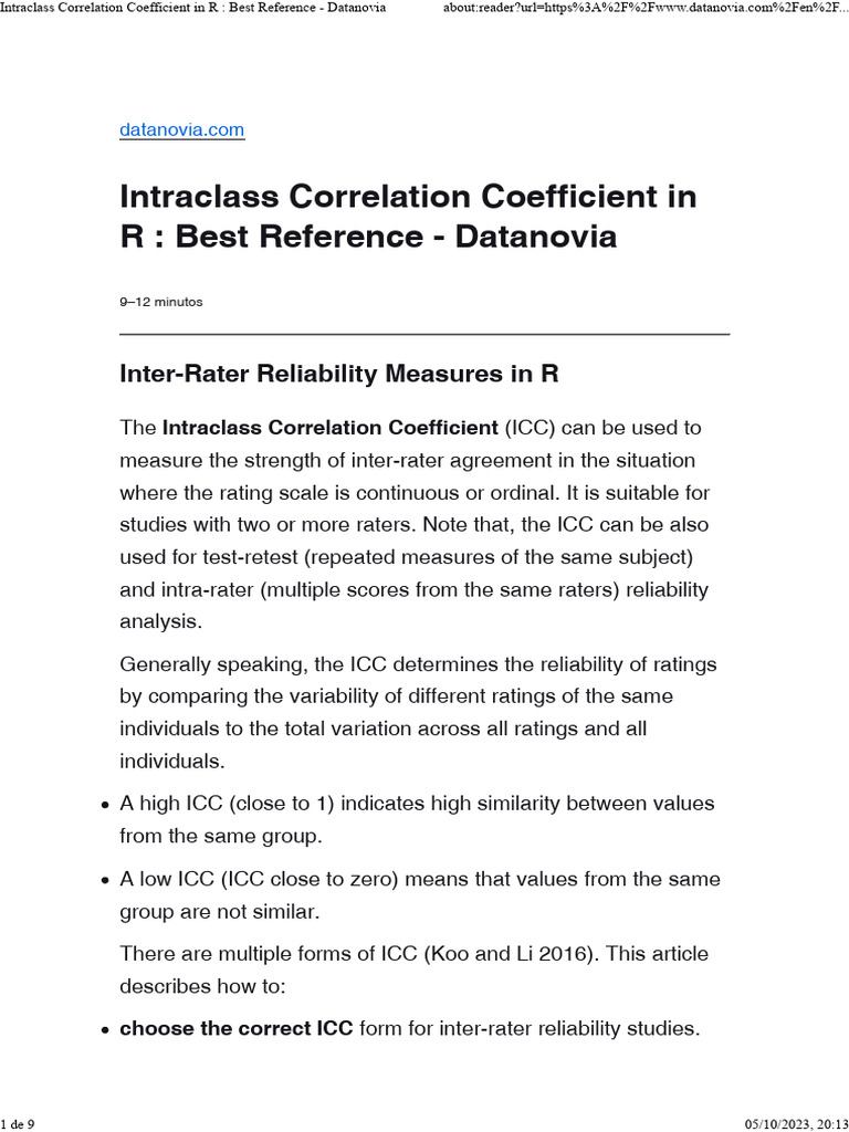 Intraclass Correlation Coefficient in R - Best Reference (Datanovia) | PDF