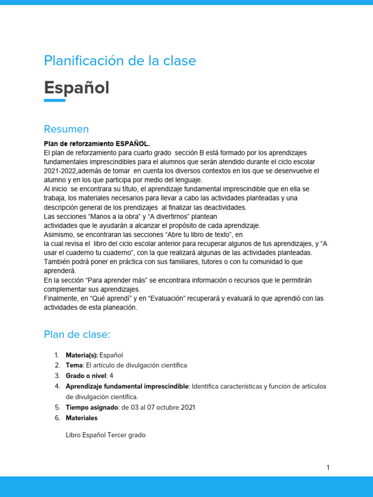 Planificación de La Clase | PDF