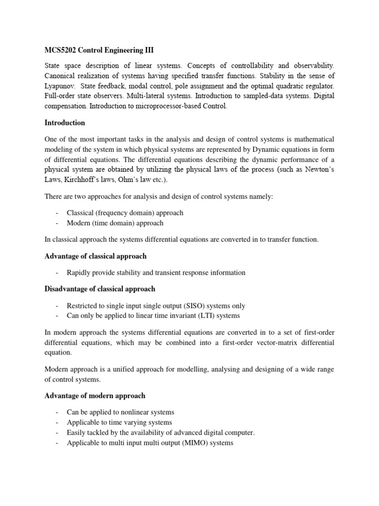 MCS5202 Control Engineering III - Lecture - Note-1 | PDF