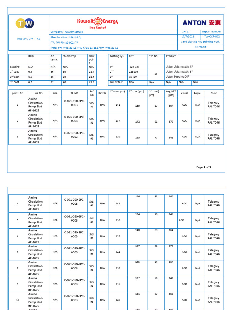 TW-FM-22-001 Surface Preparation and Painting Inspection Report TW-QCR-002 | PDF