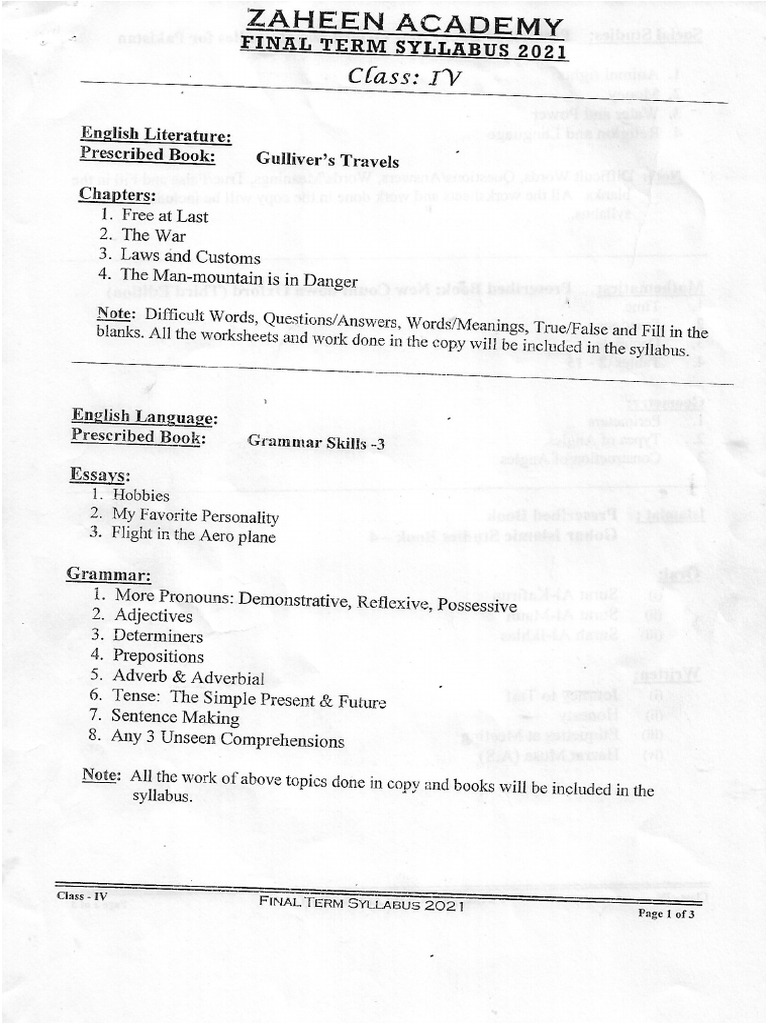 Final Term Syllabus 2021 Class 4th | PDF