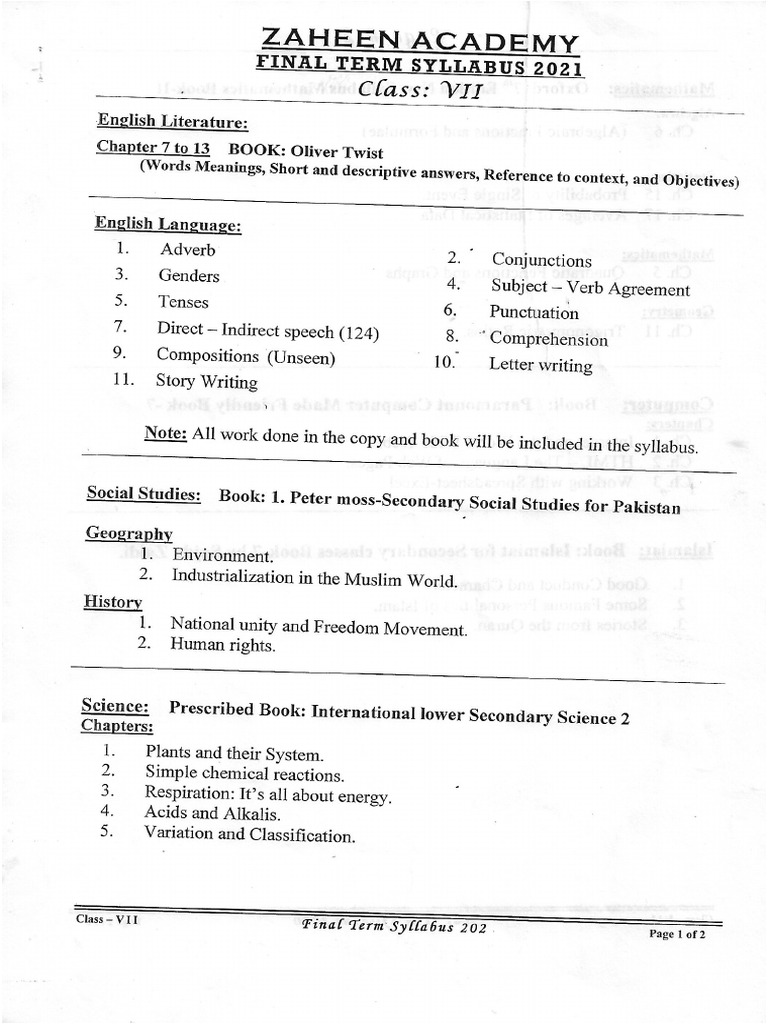 Final Term Syllabus 2021 Class 7th | PDF