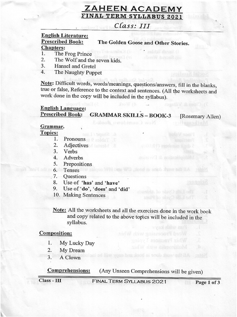 Final Term Syllabus 2021 Class 3rd | PDF