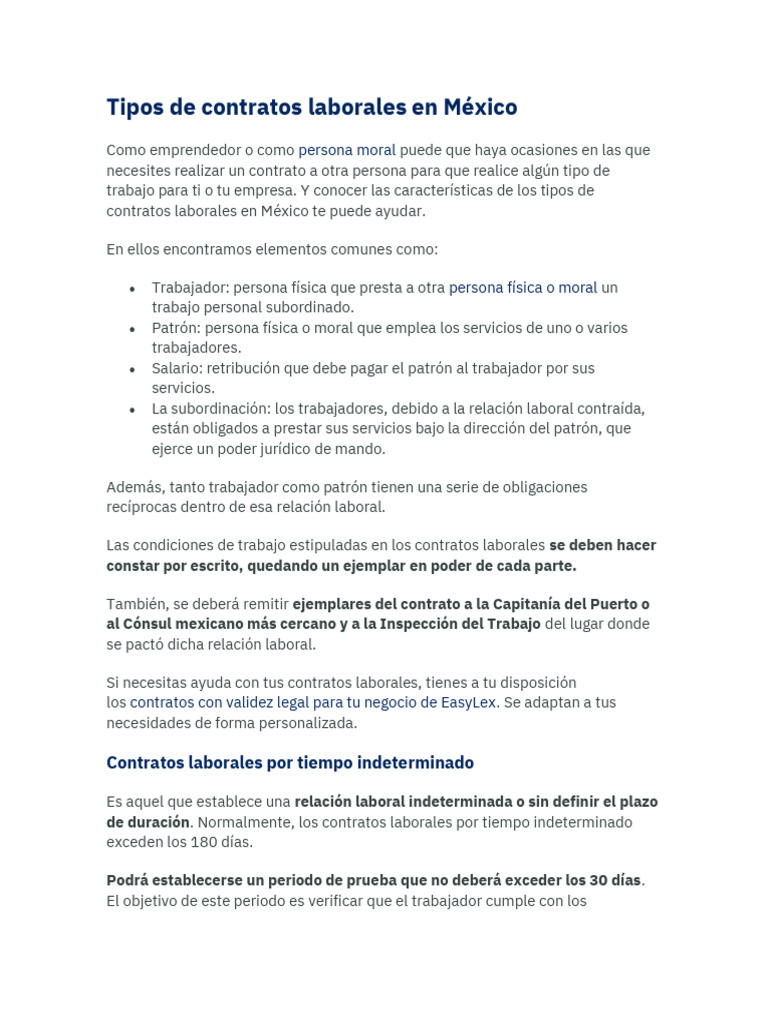 Tipos de Contratos Laborales en México | PDF | Derecho laboral