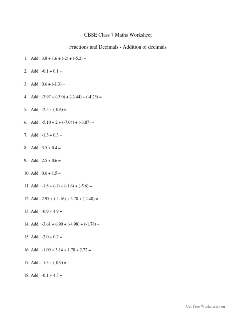 Class 7 Decimal Addition Worksheet | PDF