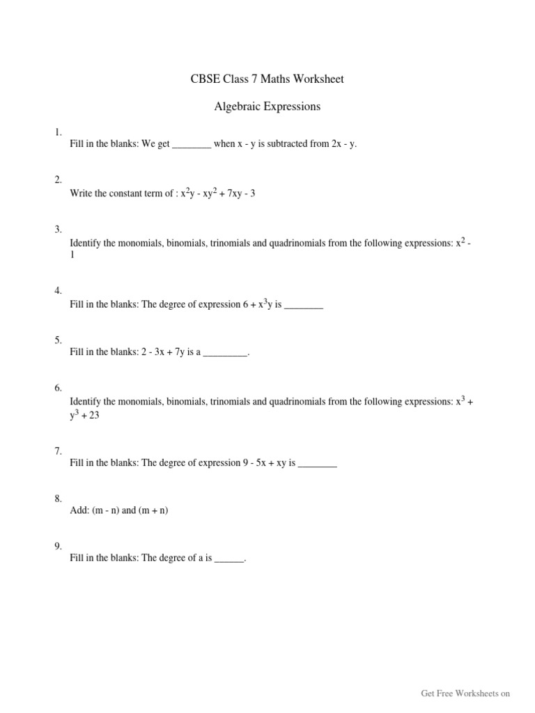 Algebraic Expressions CBSE Class 7 Worksheet | PDF