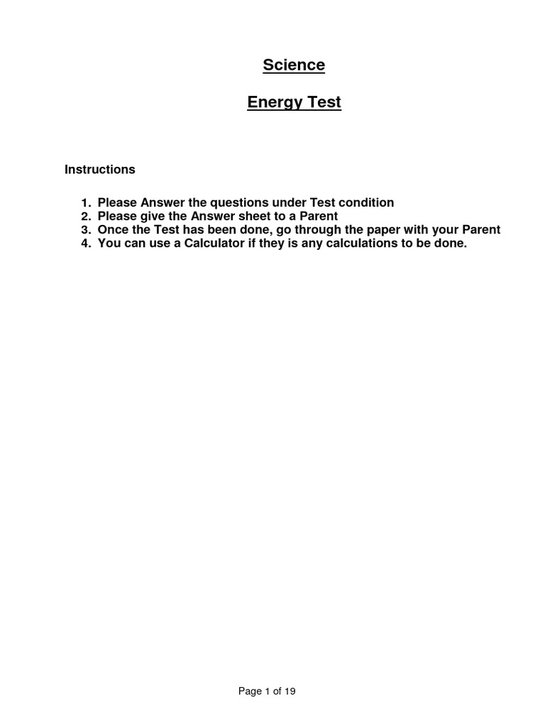 YEAR 9 SCIENCE Energy Test | PDF