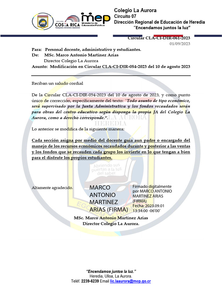 Circular CLA-CI-DIR-061-2023 Modificación en Circular CLA-CI-DIR-054-2023 Del 10 de Agosto 2023 ...