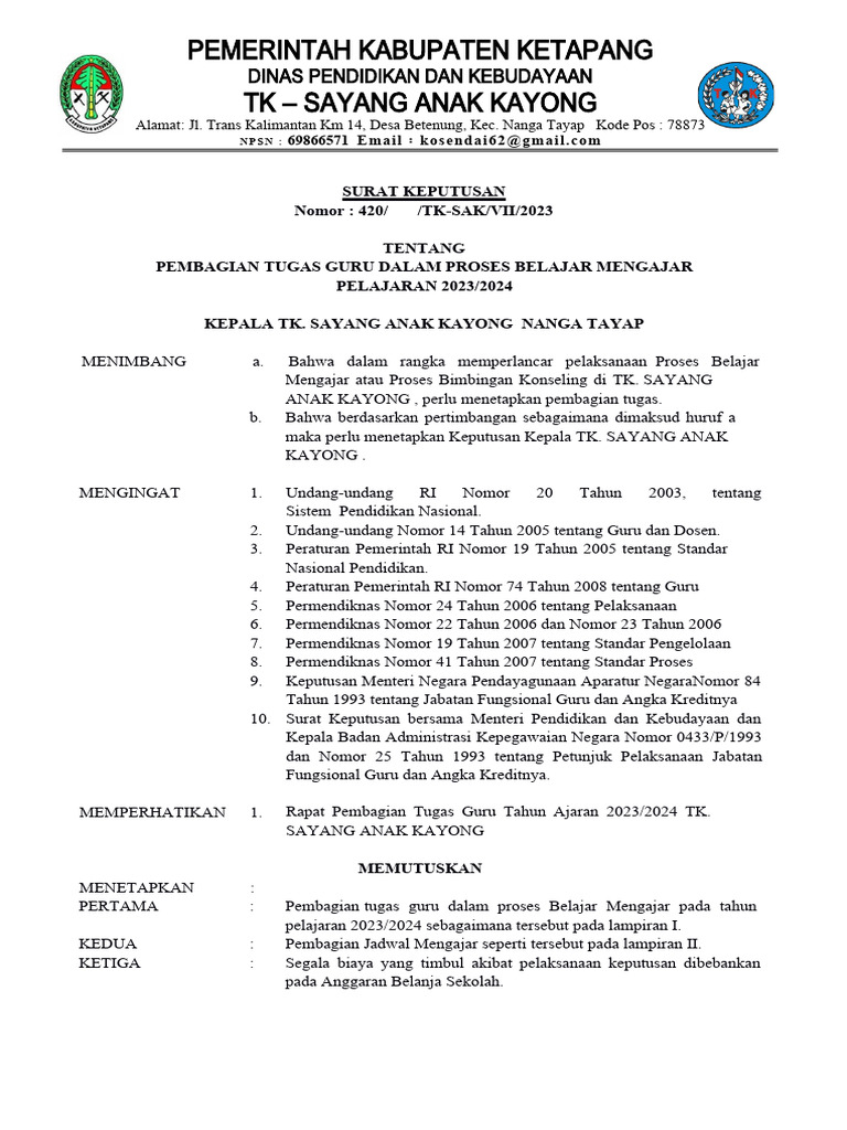 Sk-Pembagian Tugas Mengajar Guru Paud TK KB | PDF