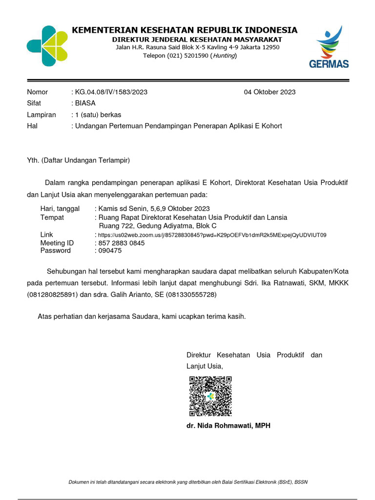 Surat Undangan Pendampingan Penerapan e Kohort, 5 Okt | PDF