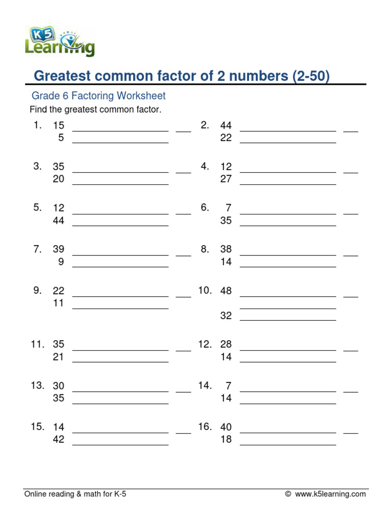 Grade 6 Factoring Worksheet Greatest Common Factor of 2 Numbers 2 50 | PDF