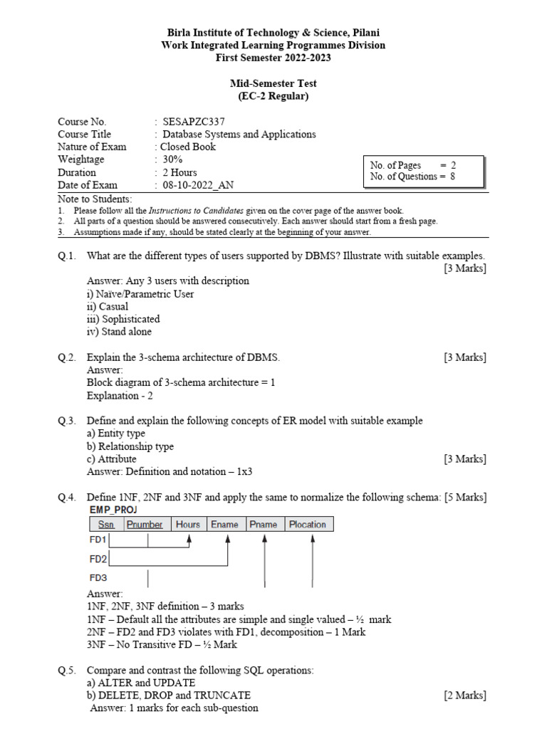 DBSA AK-Regular Mid-Sem Question Papers | PDF | Databases | Relational Model