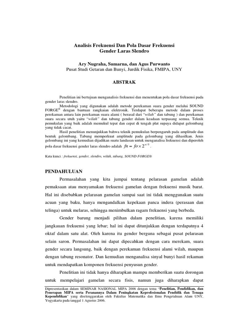 Analisis Frekuensi Dan Pola Dasar Frekuensi Gender Laras Slendro (Ary Nugraha, Sumarna, Agus ...