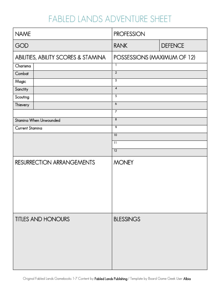 Fabled Lands Adventure Sheet Template | PDF