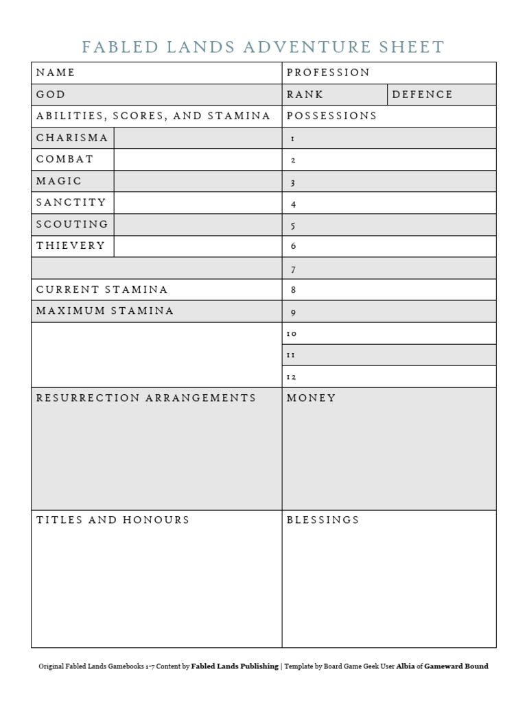 Fabled Lands Adventure Sheet Template | PDF