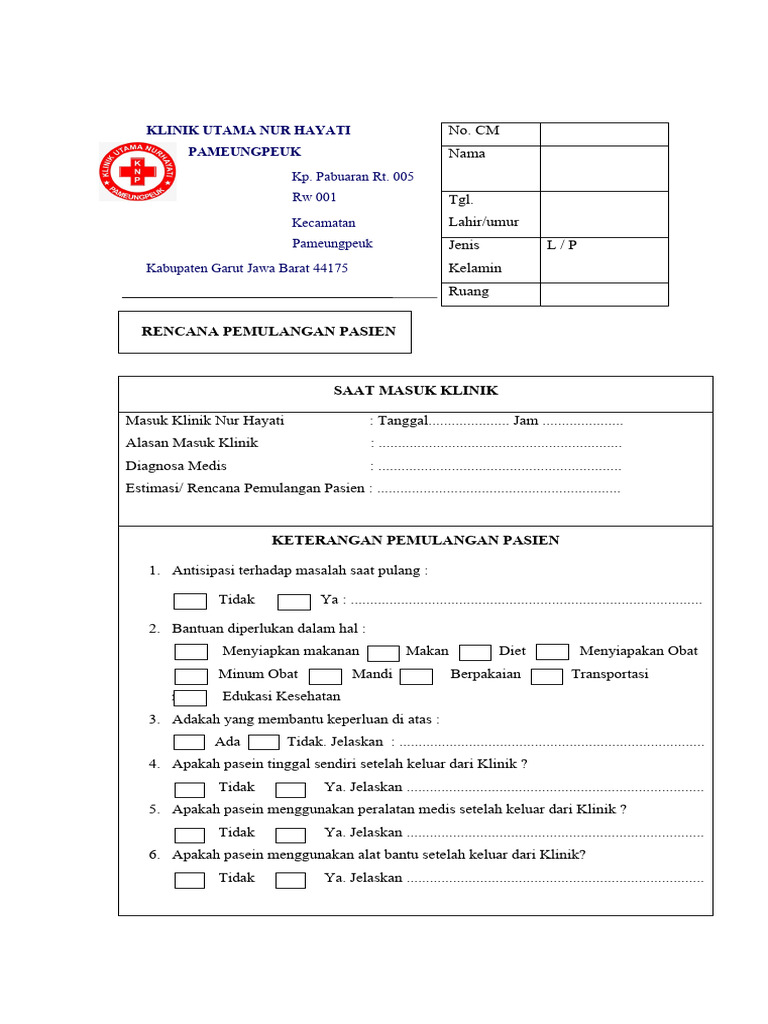 Form Rencana Pemulangan Pasien | PDF