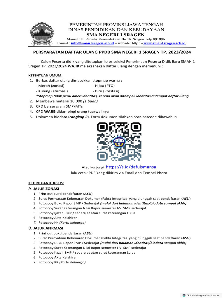 Persyaratan Daftar Ulang PPDB Sman 1 Sragen Tp. 2023 2024 | PDF