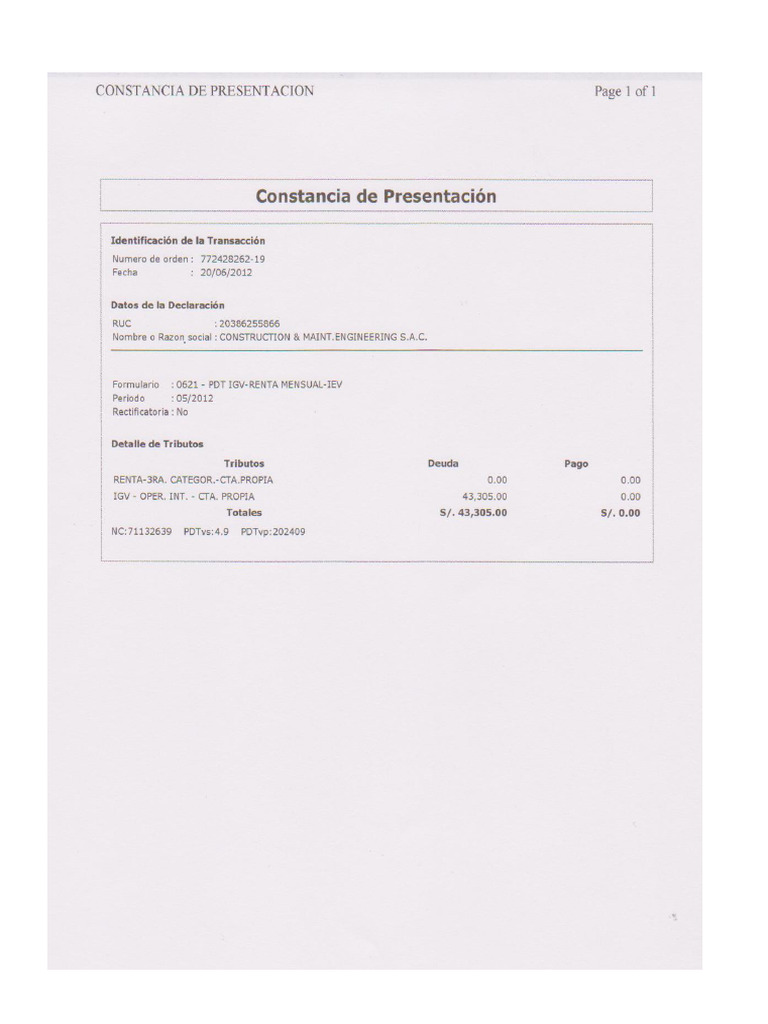 Constancia Presentacion - PDT Igv Renta | PDF