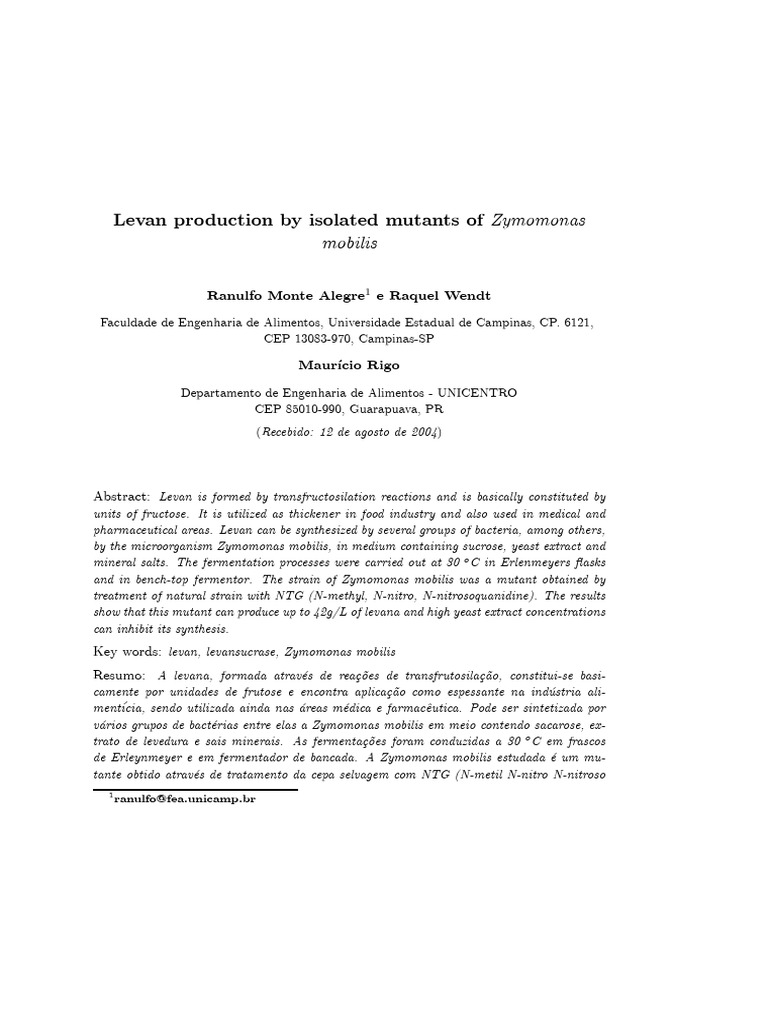 Levan Production by Isolated Mutants of Zymomonas Mobilis: Ranulfo Monte Alegre e Raquel Wendt | PDF