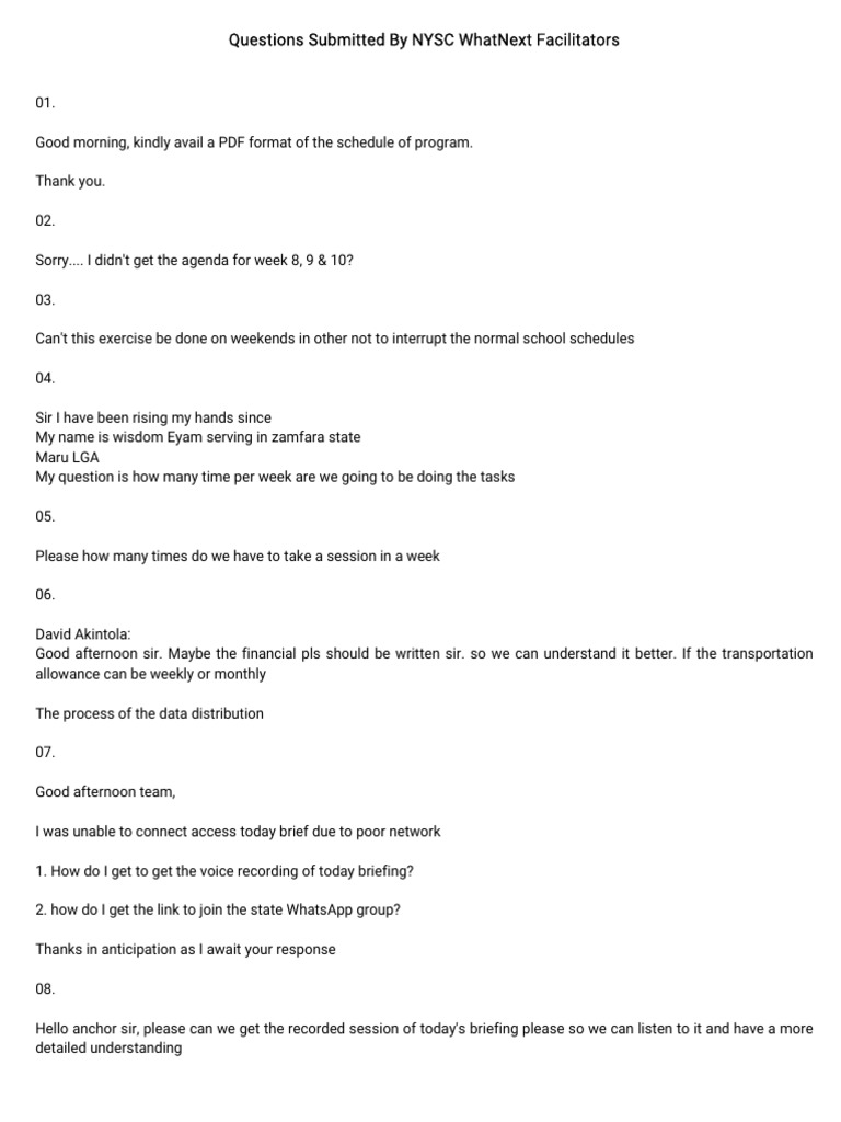 Questions Submitted by NYSC WhatNext Facilitators | PDF