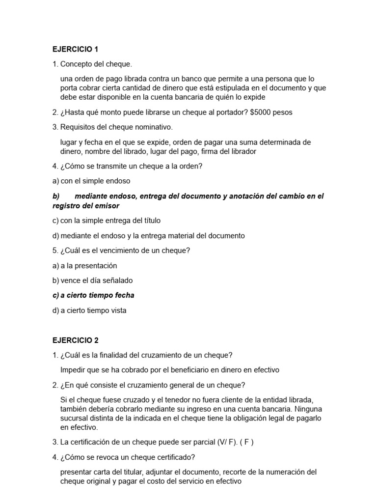 Ejercicios Cheque | PDF | Cheque | Economias