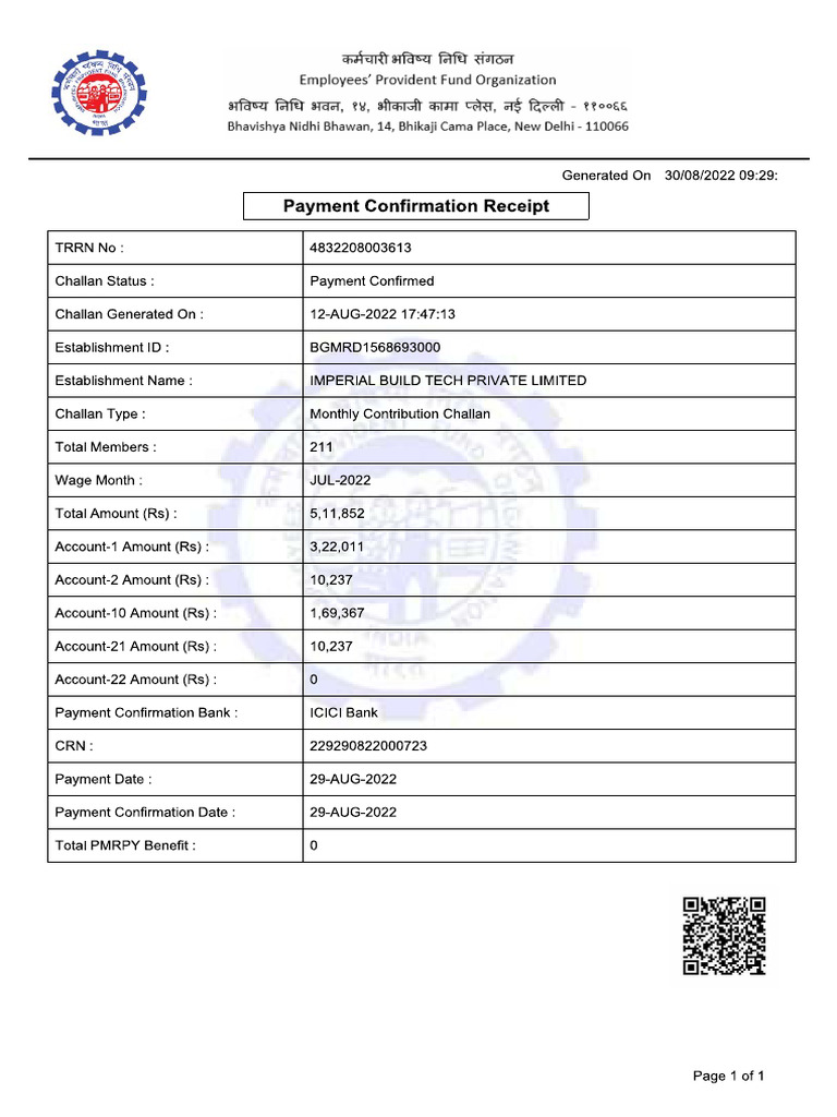 EPF Paid Challan For July-2022 | PDF
