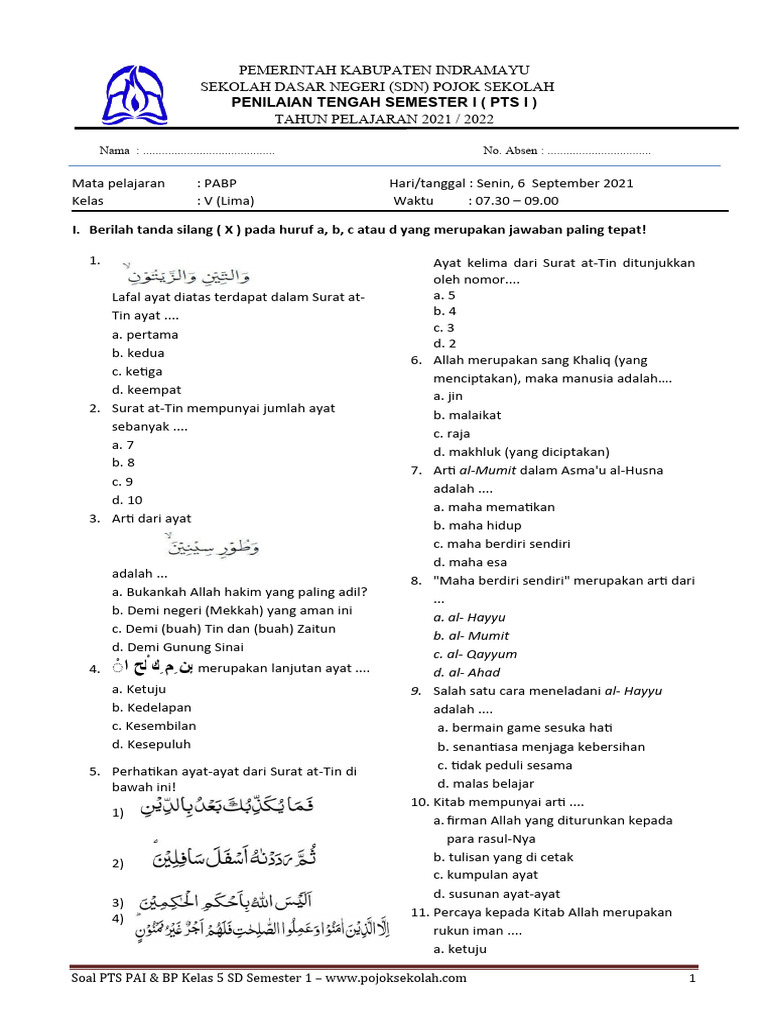 Soal Pts Pai Kelas 5 SD - WWW - Pojoksekolah | PDF