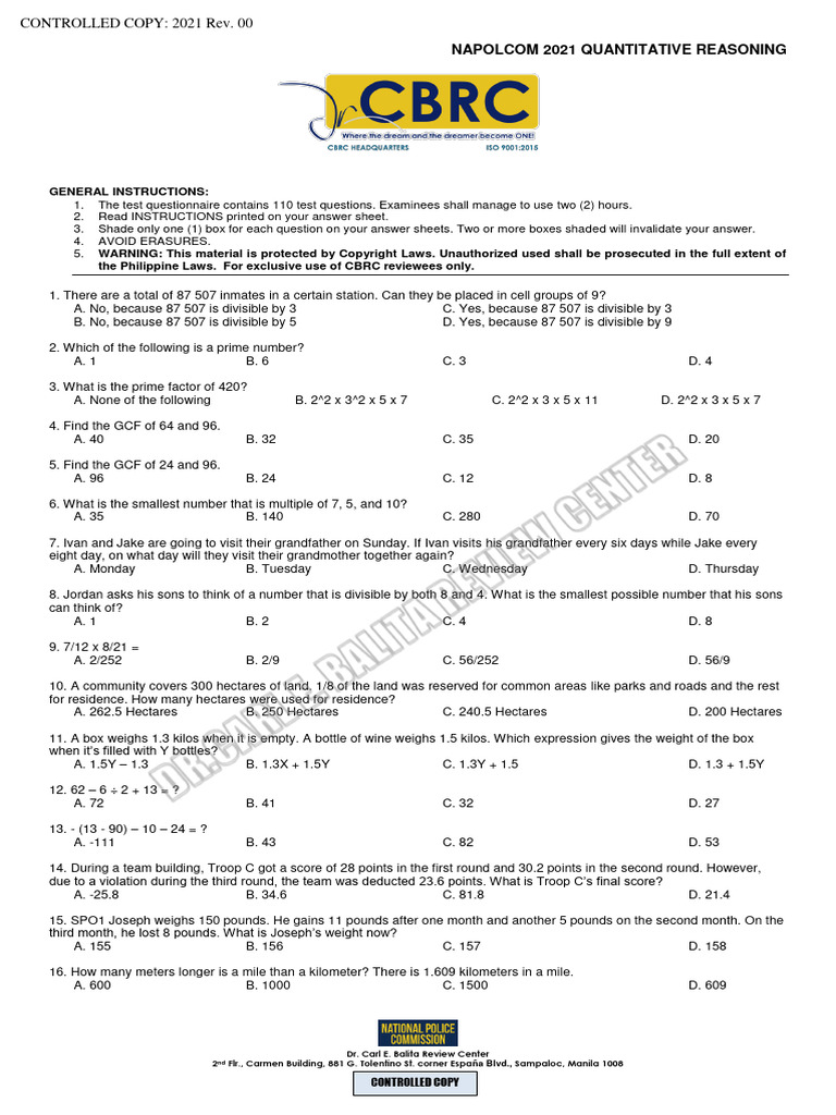 Napolcom 2021 Quantitative Reasoning | PDF | Area | Foot (Unit)