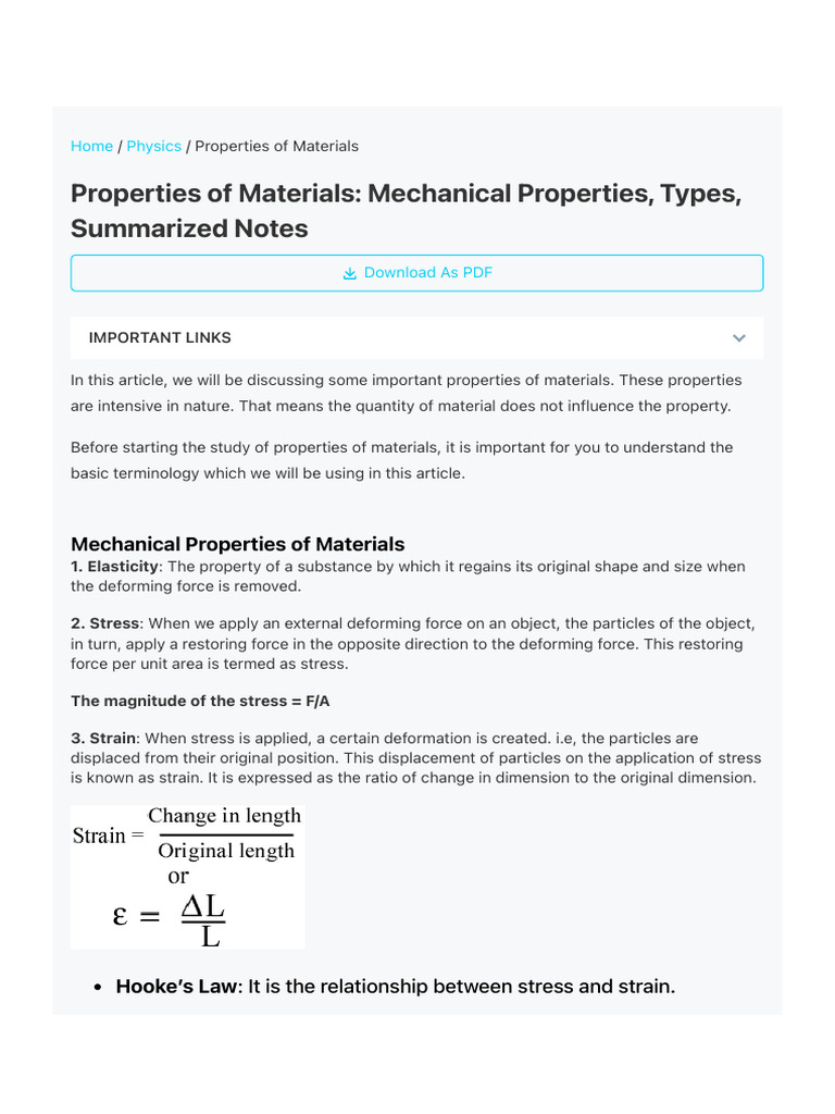 Properties Of Materials Mechanical Properties Types Notes Pdf