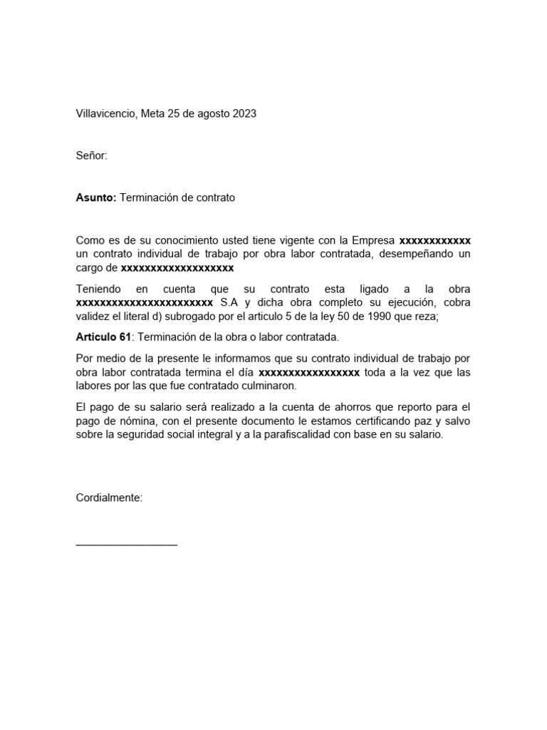 Modelo Carta Finalizacion de Contrato | PDF