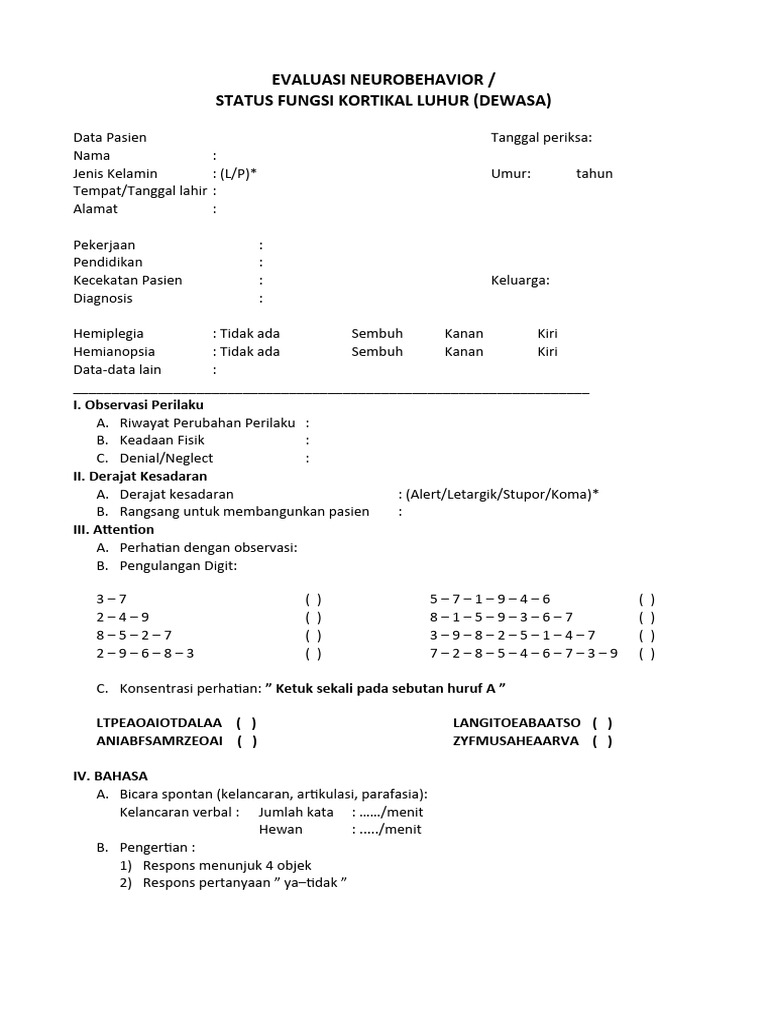 Evaluasi Tes Neurobehavioral Pasien | PDF | Metode & Bahan Ajar