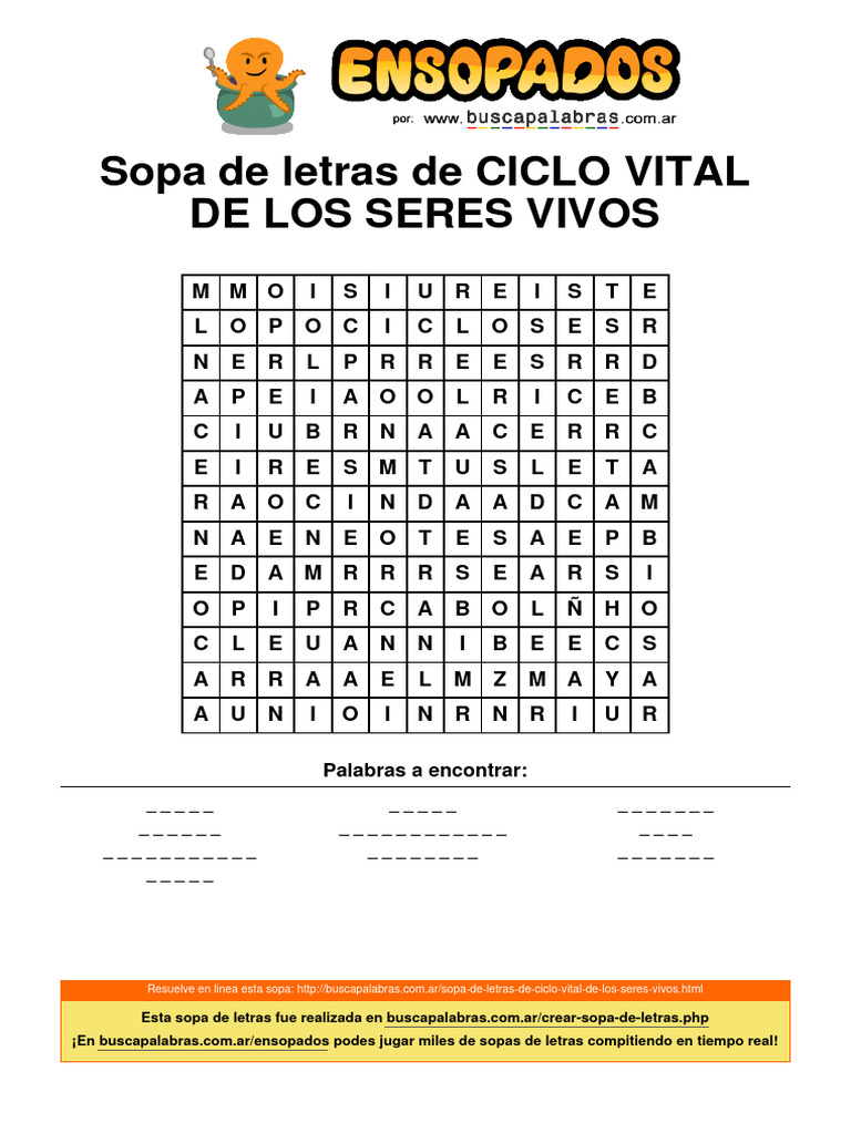Sopa de Letras de Ciclo Vital de Los Seres Vivos | PDF